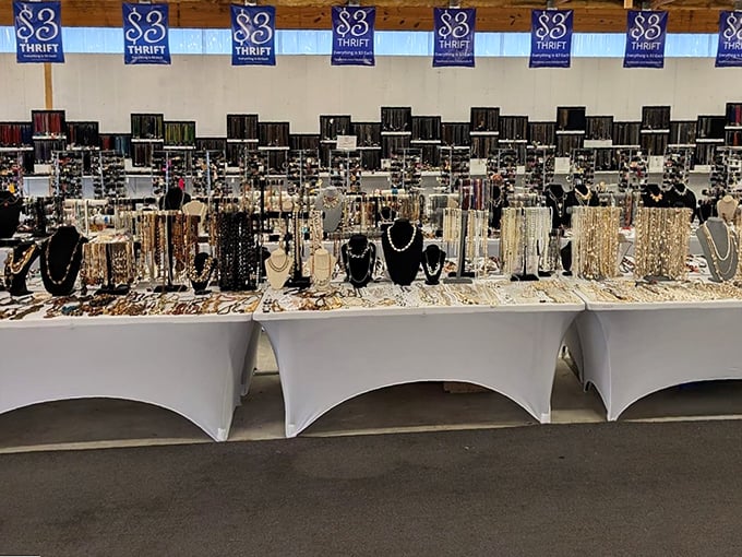A jewelry display that would make Elizabeth Taylor pause mid-stride. Each necklace holds the promise of becoming someone's "new favorite thing."