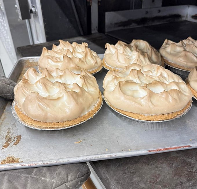These meringue mountains aren't just dessert, they're architecture. Someone should notify the Guggenheim—there's art happening in Amherst, Ohio.