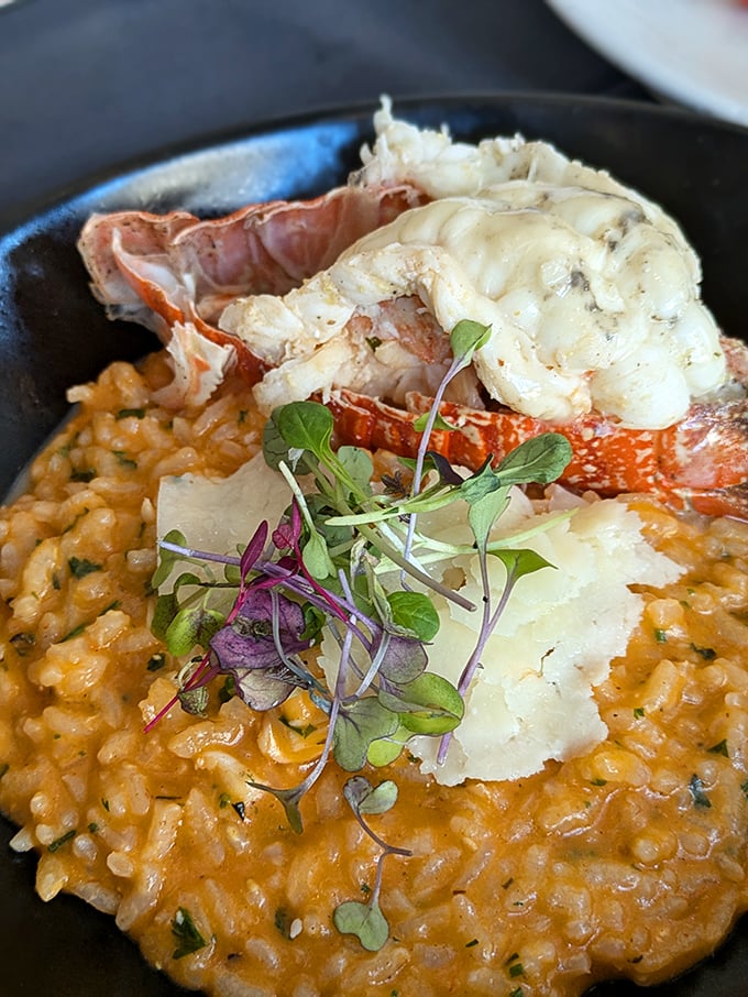 The legendary lobster risotto in its full glory – where creamy rice meets sweet Maine lobster in a romance that belongs in a culinary romance novel.