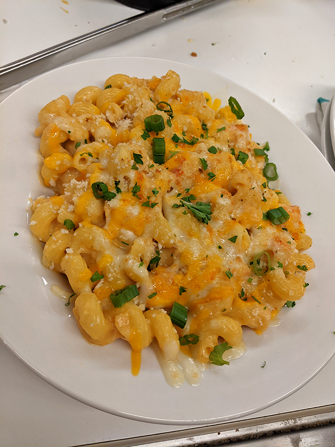Mac and cheese elevated to an art form—creamy, cheesy, with a sprinkle of green onions adding just the right pop of color and flavor.