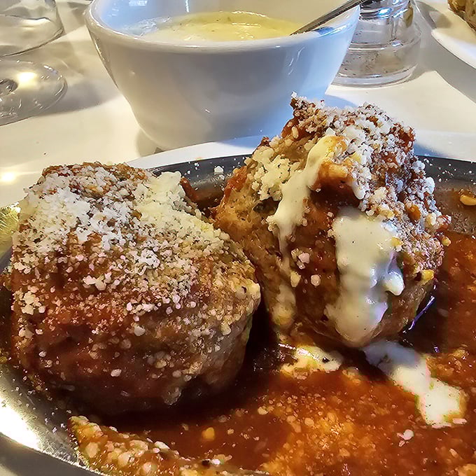 The legendary meatballs in all their glory—perfectly spherical ambassadors of flavor that have converted countless Pennsylvanians to the Church of Italian Cuisine.