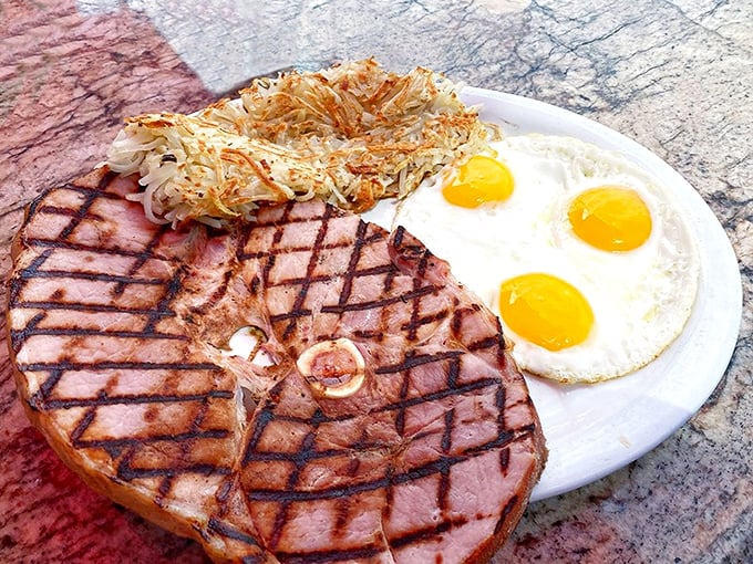 This ham steak and eggs plate isn't just breakfast – it's fuel for champions, a protein-packed powerhouse that says "today is going to be extraordinary."
