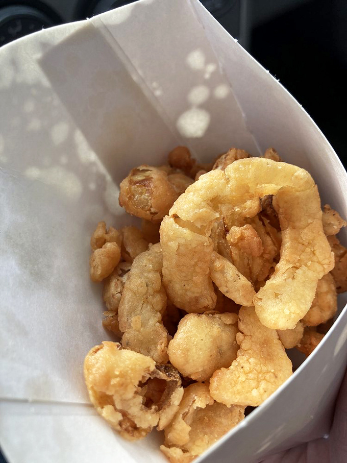 Golden, crispy pork rinds that shatter with each bite—the perfect companion while waiting for burger perfection to arrive.