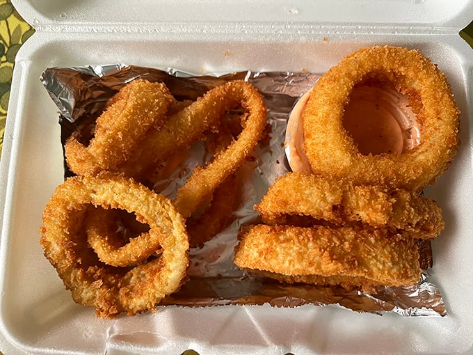 Golden halos of crispy perfection. These onion rings aren't just a side dish—they're the supporting actors that deserve their own Oscar.