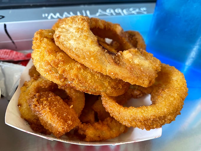 Onion rings that could double as edible jewelry—perfectly golden, crispy halos that deliver that satisfying crunch we all secretly crave.