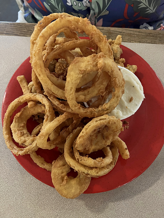 The legendary onion rings in their natural habitat—golden, crispy, and stacked like delicious life preservers ready to save you from mediocre meals.
