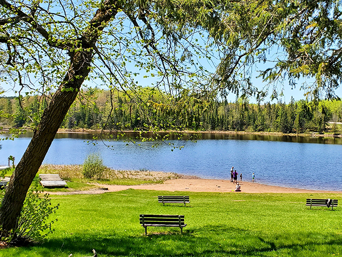 Interfalls Lake beach offers a perfect summer escape. The tea-colored water isn't making a fashion statement—it's just showing off its natural tannins.