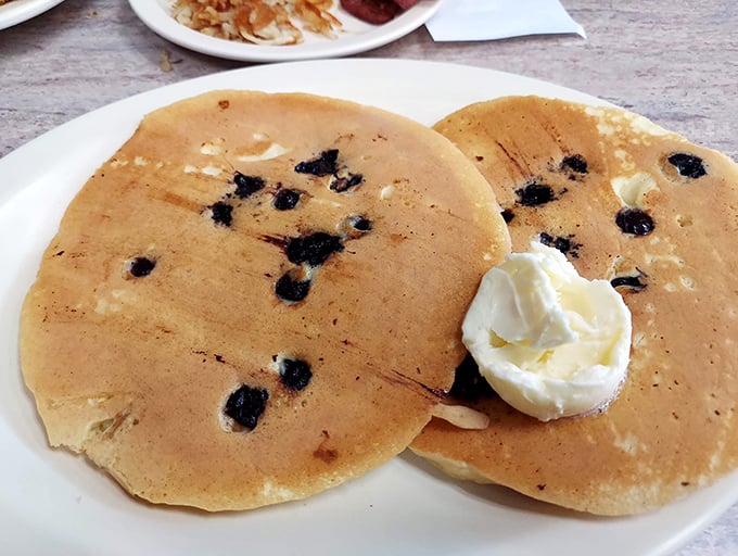 Pancakes that don't need Instagram filters—just butter, syrup, and your undivided attention. Blueberries included for "health reasons."