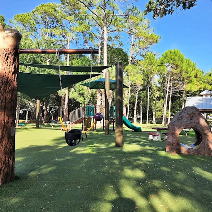This playground nestled among towering pines proves Dunedin understands childhood joy should come with a side of shade – Florida parenting wisdom at work.