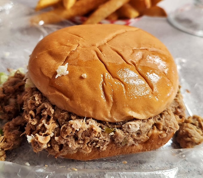 This barbecue sandwich isn't trying to impress food critics—it's trying to remind you of summer cookouts and the simple pleasure of perfectly executed comfort food.