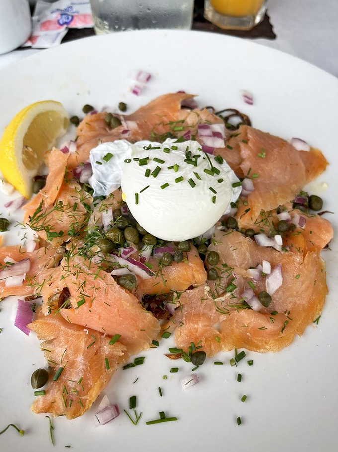Smoked salmon arranged like a delicate flower, crowned with a perfectly poached egg—breakfast elevated to an art form.