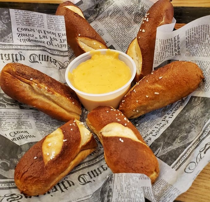 Pretzel perfection in a star formation, like the constellation of deliciousness. That cheese dip in the middle is basically the sun of this solar system.