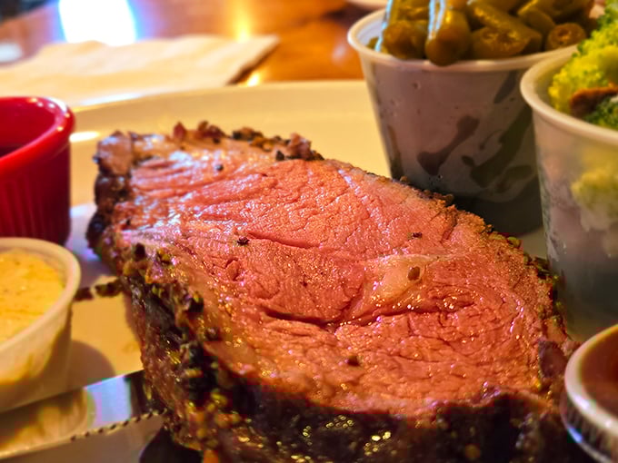 This prime rib isn't just cooked – it's been lovingly persuaded to reach its full potential. The pink center practically winks at you.