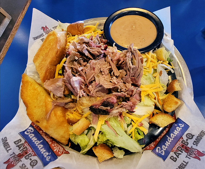 A BBQ salad that makes eating greens feel like cheating – that pulled pork and those golden croutons are definitely not playing by diet rules.