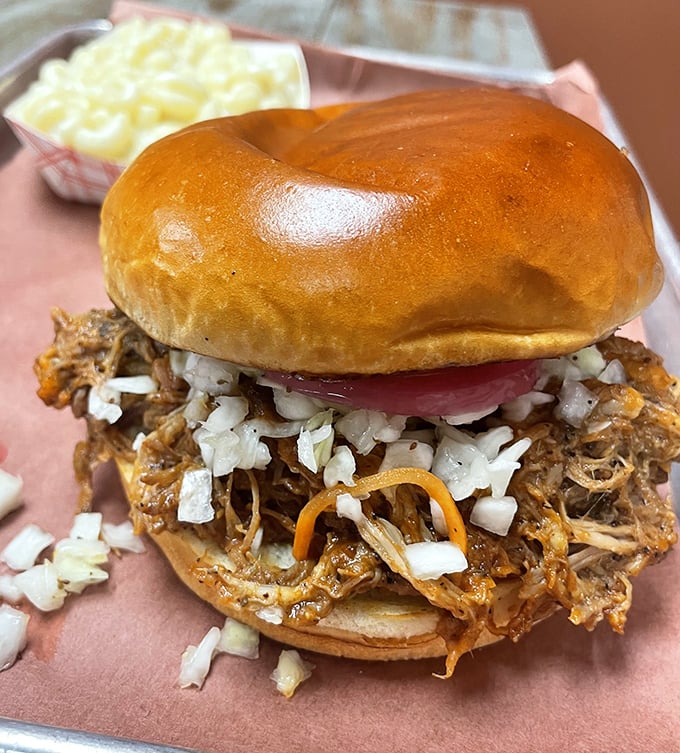 The pulled pork sandwich arrives like a beautiful mess—tender strands of smoky pork topped with crunchy slaw and red onion on a pillowy bun.