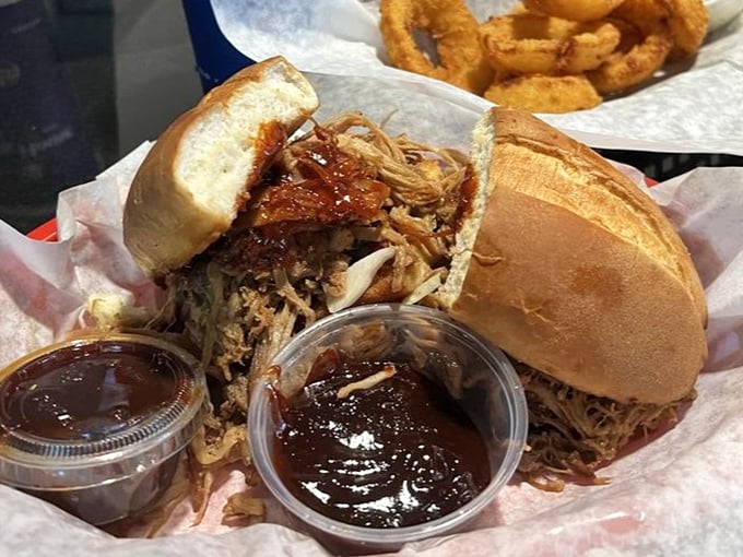 A pulled pork sandwich that doesn't need words – just extra napkins and a moment of respectful silence.