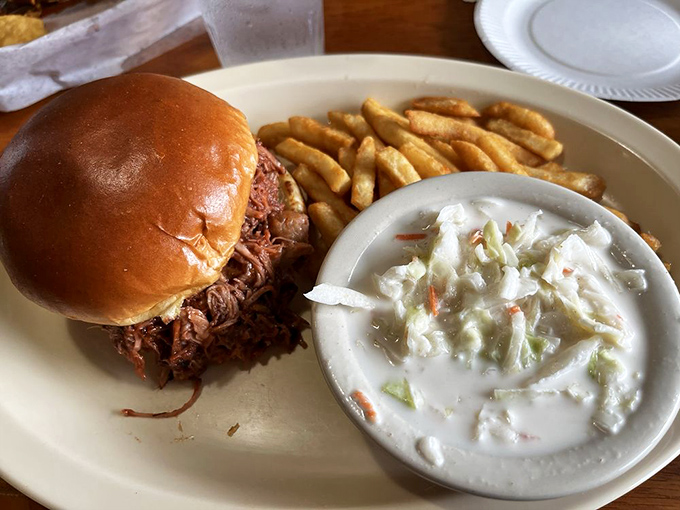This pulled pork sandwich isn't messing around—it's the kind of serious BBQ that makes vegetarians question their life choices.