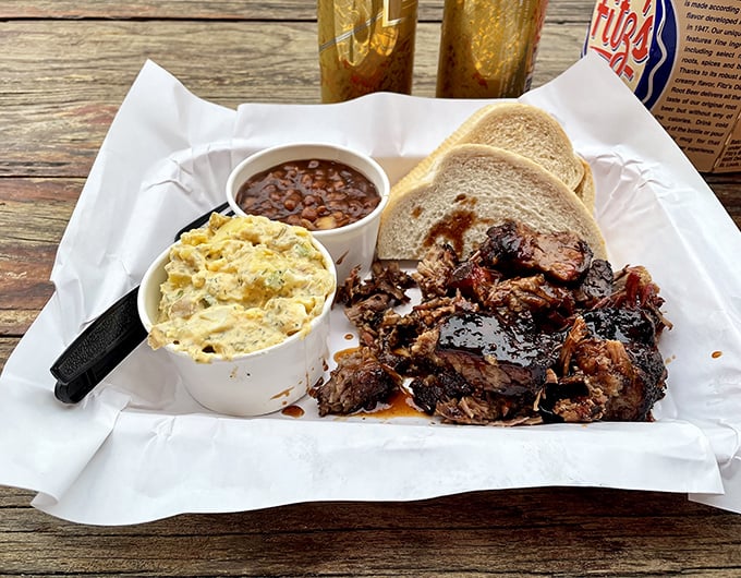 A barbecue tray that speaks the universal language of comfort—smoky meat, potato salad, and beans, with bread standing by to soak up every precious drop.