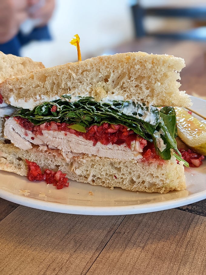 The Turkey Cran sandwich in its natural habitat—halfway between being admired and devoured. That cranberry relish deserves its own fan club.