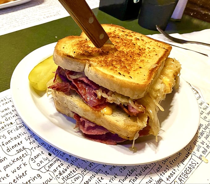 Reuben sandwiches should always require a knife stabbed through the center. This beauty has enough corned beef to feed a small Irish village. 