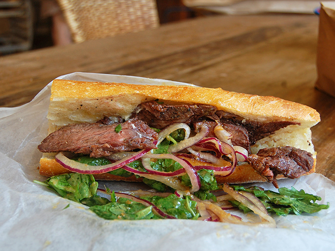 Not just another sandwich – this roast beef creation with its perfectly pink meat and crisp vegetables is what happens when great bread meets quality ingredients.