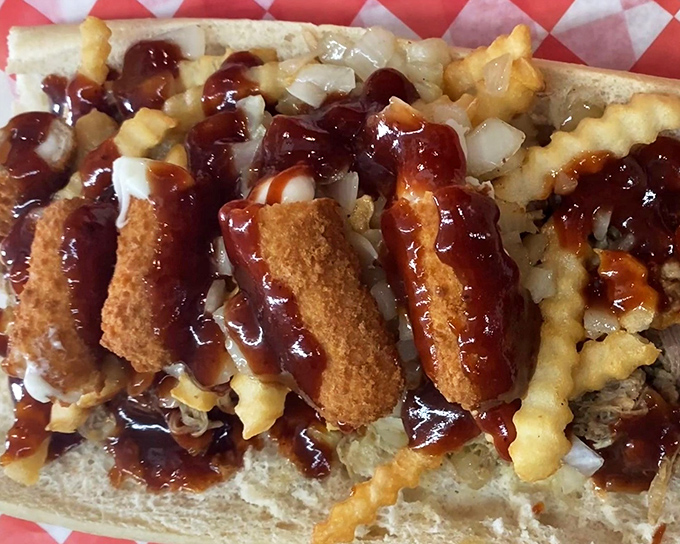This isn't just a sandwich—it's edible architecture. Crispy chicken cutlets and BBQ sauce creating a masterpiece that would make Frank Lloyd Wright hungry.