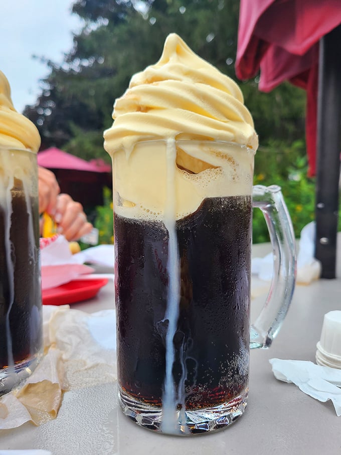 The legendary root beer float—a tower of vanilla ice cream melting into house-made root beer. This isn't dessert; it's a religious experience in a frosted mug.