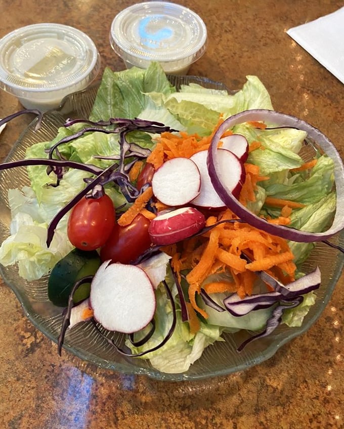 A garden-fresh salad that doesn't feel like punishment. Crisp vegetables arranged with the care usually reserved for fine art or grandchildren's photos. 