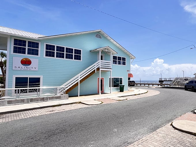 Salinity's seafoam-colored building pops against the Florida sky like a perfect scoop of key lime sorbet by the water.