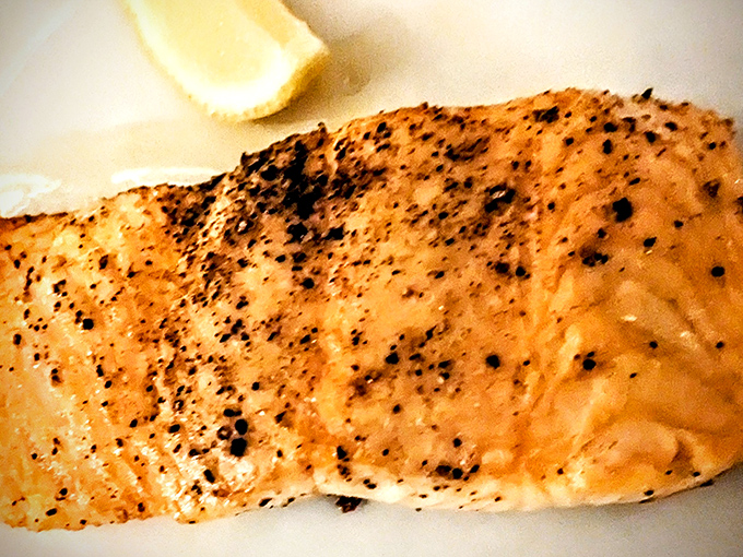 Salmon that's dressed better than most people at the Oscars – perfectly seared and ready for its close-up.