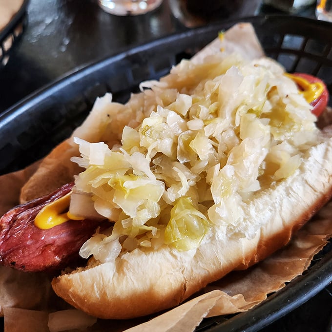 Sauerkraut transforms an ordinary dog into Germanic glory, proving fermentation makes everything better somehow.