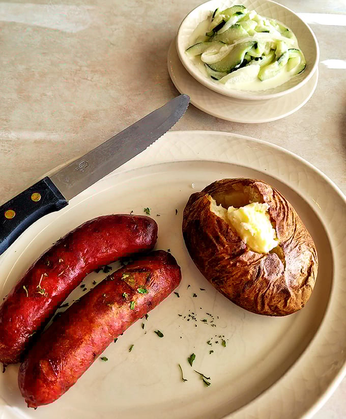 These sausages aren't just cooked; they're celebrated – plump, juicy links that would make any breakfast enthusiast weak at the knees.