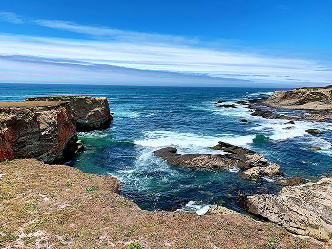 Mother Nature showing off her sculptural talents along the Point Arena coastline. The Pacific doesn't gently lap here – it crashes in with theatrical flair