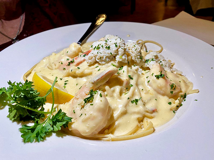 Shrimp alfredo that makes you wonder if pasta was invented solely to be a delivery system for seafood and cream.