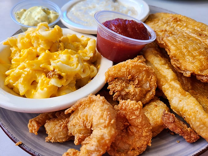 Southern comfort on a plate – crispy golden chicken tenders and mac & cheese that could make even a bad day turn good.