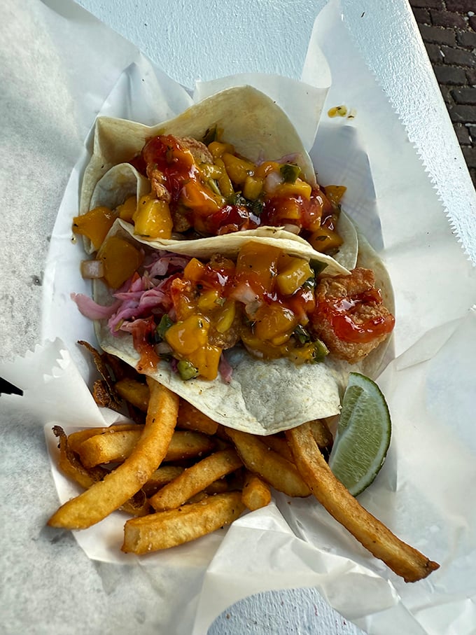 These shrimp tacos arrive dressed to impress, with enough filling to make a proper meal, not just a snack.