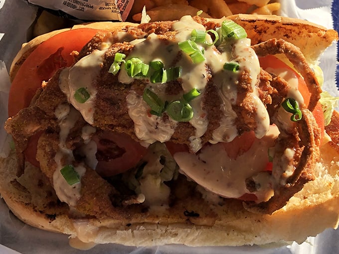 This soft shell crab sandwich isn't just food – it's architecture, with layers of flavor stacked higher than a Florida condo.