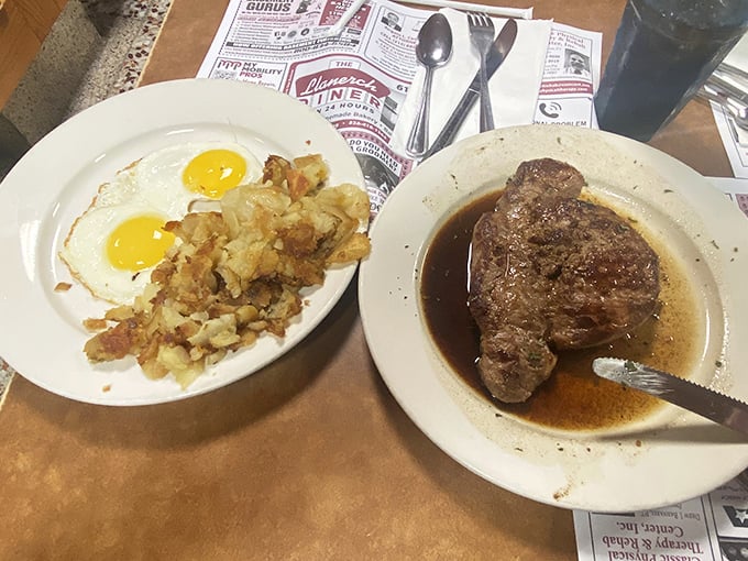 The classic diner pairing: eggs and steak swimming in savory jus. When breakfast and dinner collide on one plate, everybody wins.