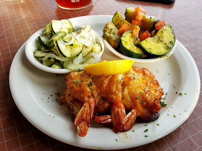 These stuffed shrimp aren't just a meal—they're an edible love letter from the Chesapeake Bay, accompanied by fresh vegetables that didn't dare upstage the star.
