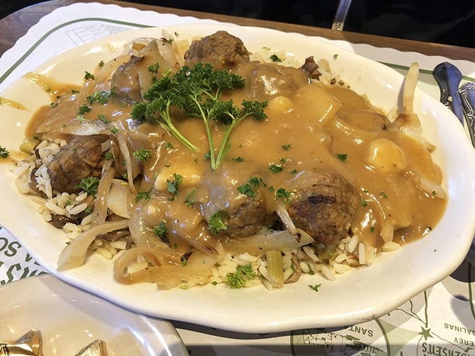 Swedish meatballs swimming in savory gravy atop a bed of rice—proof that Scandinavian comfort food works perfectly in California's Central Valley.