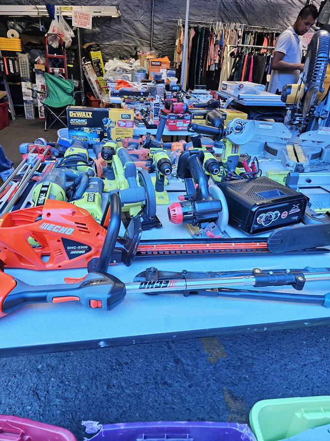 Tool paradise for the DIY enthusiast. Like a hardware store had a yard sale, this collection of power tools would make Tim Allen grunt with approval.