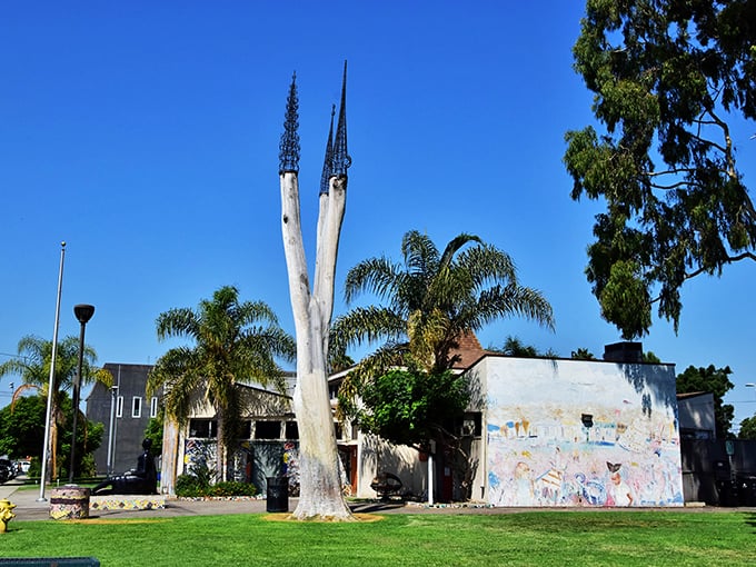 Even the Arts Center embraces the tower aesthetic—these sculptural elements echo the main attraction while creating their own artistic statement.