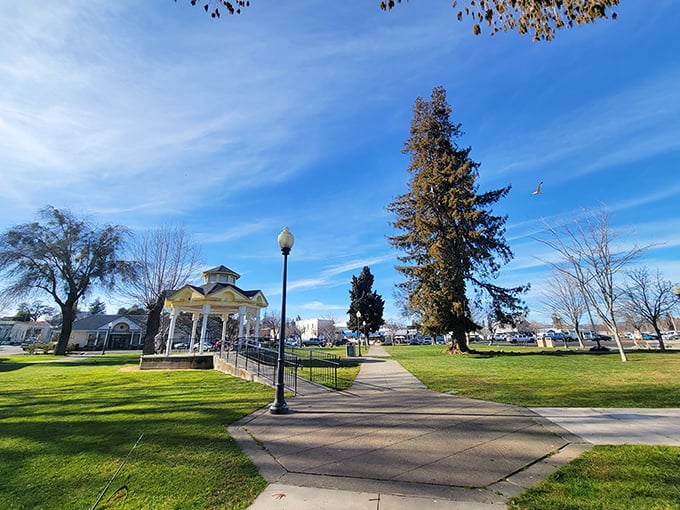 The town plaza gazebo—where summer concerts happen, marriage proposals are made, and nobody's checking their phone every five minutes.