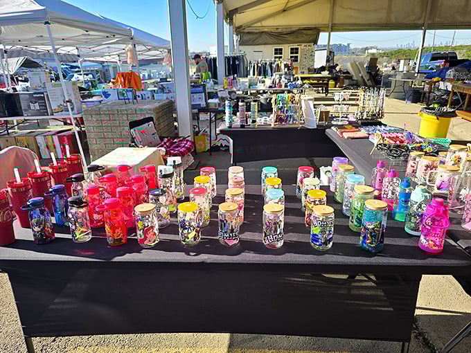 Rainbow-colored tumblers stand like soldiers on parade, each one promising to keep your sweet tea cold during those scorching Texas afternoons.