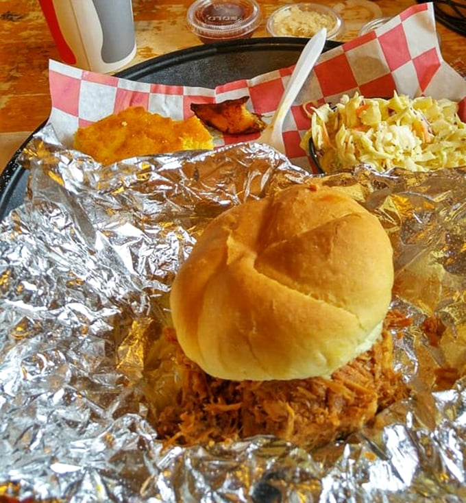 The perfect trifecta: pulled turkey sandwich, creamy coleslaw, and mac and cheese—proof that happiness can indeed be served on a tray.