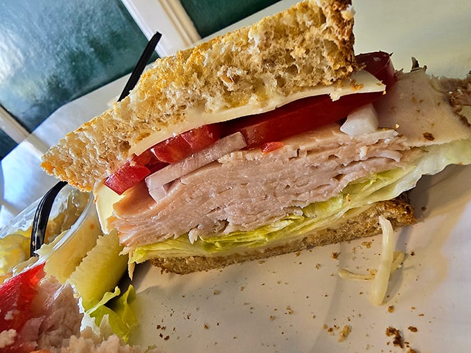 This turkey sandwich isn't just lunch—it's architecture. Notice how the layers create what engineers would call "the perfect bite distribution."
