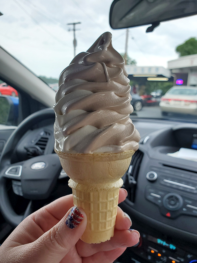 Soft-serve perfection that defies gravity and expectations. This chocolate-vanilla twist cone is summer in Pennsylvania, frozen in time.