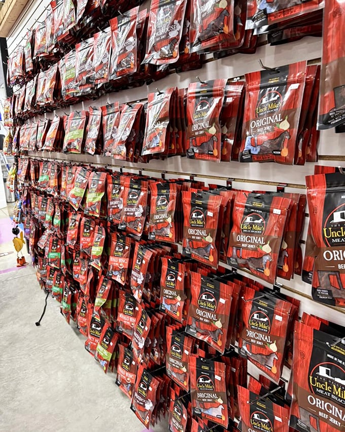 The jerky wall—where meat becomes art. Uncle Mike's display is the beef equivalent of the Sistine Chapel ceiling.