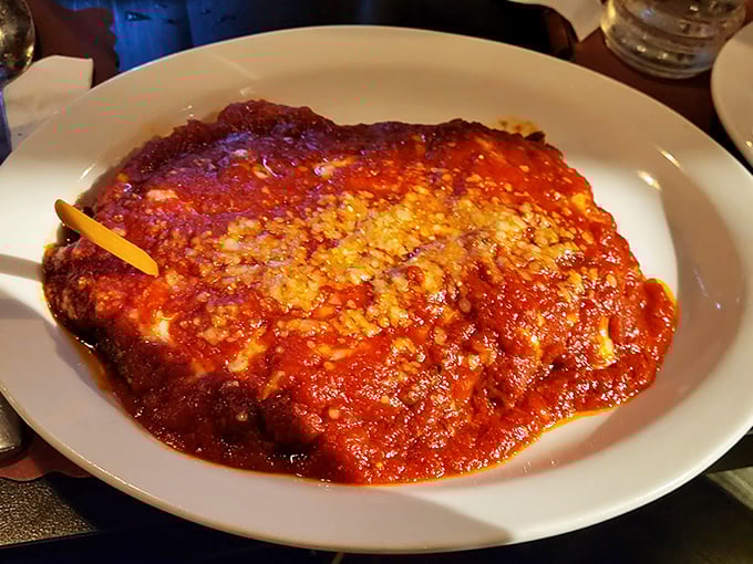 Veal parmigiana that could bring a tear to your eye—a mountain of melted cheese and bright tomato sauce that's worth every single calorie.