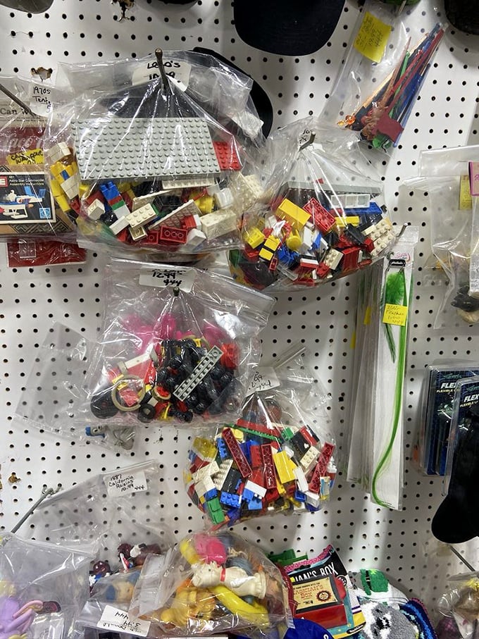 LEGO collections in clear bags—childhood joy sold by the pound. Like buying happiness in bulk, minus the stepping-on-pieces pain.